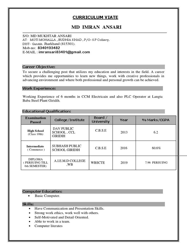 MD Imran Ansari: Curriculum Viate | PDF | Cognition | Learning
