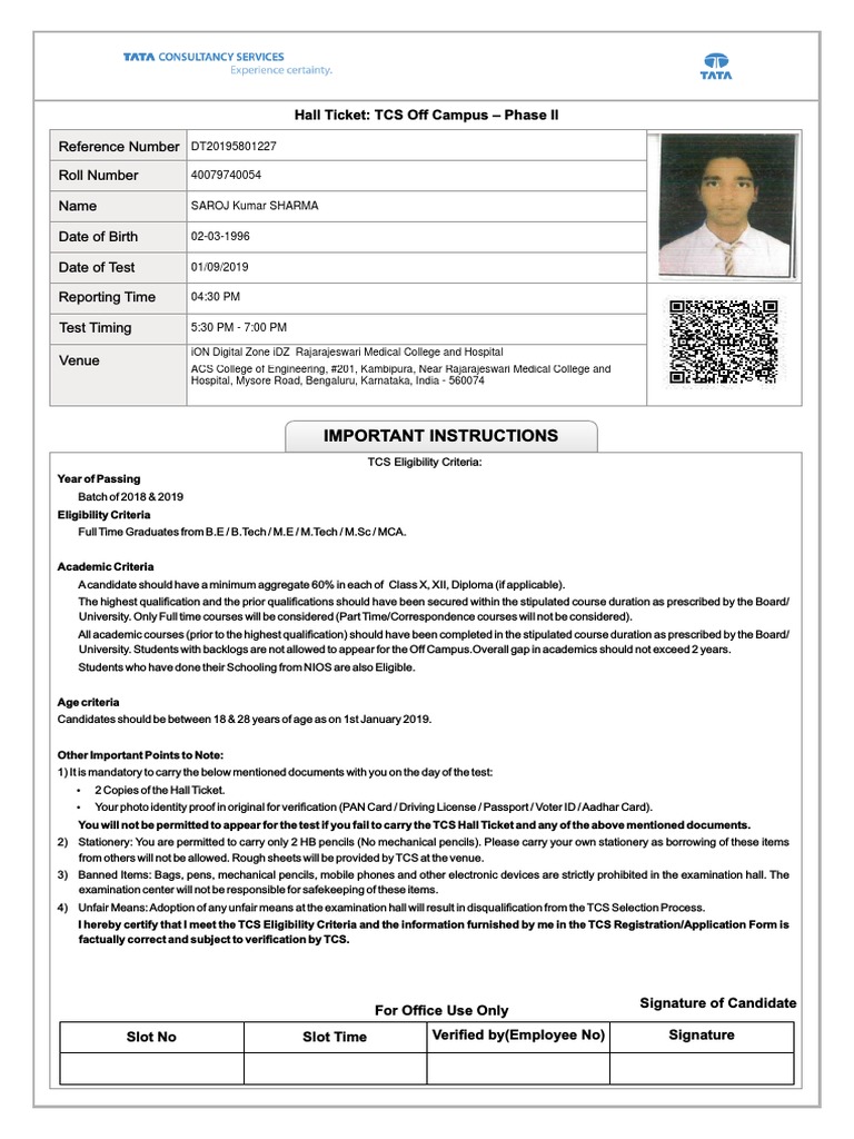 Hall Ticket | PDF | Test (Assessment)