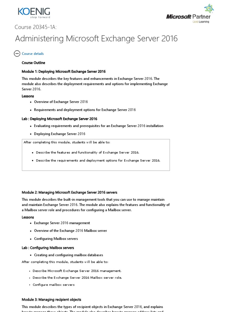 Administering Microsoft Exchange Server 2016: Course 20345 1A | PDF ... Administering Microsoft Exchange Server 2016: Course 20345 1A | PDF ...