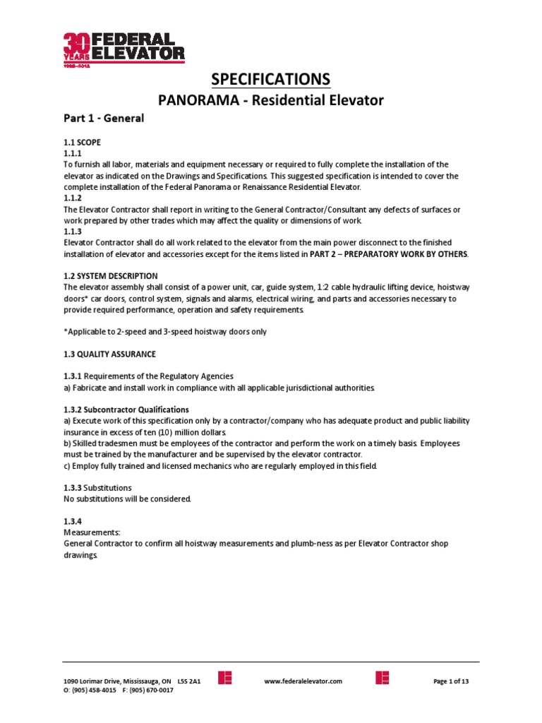 PANORAMA Specifications Feb FINAL | PDF | Elevator | Electrical Wiring