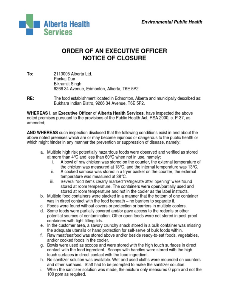 AHS Closure Order | PDF | Dishwasher | Foods