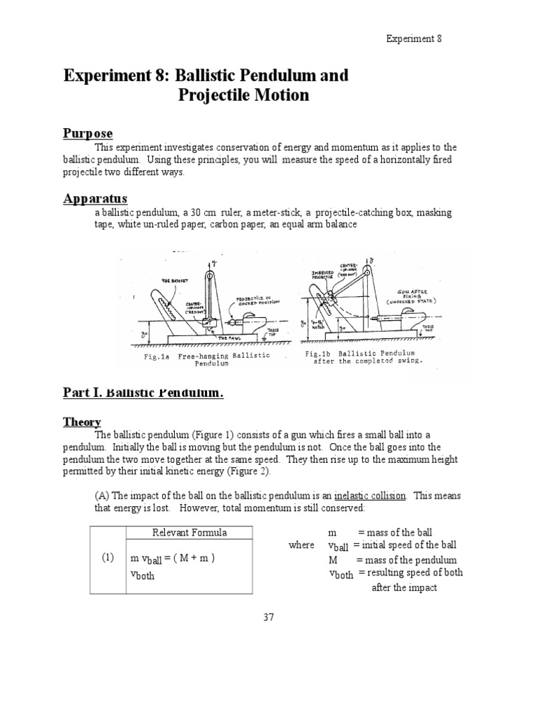Experiment 8: Ballistic Pendulum and Projectile Motion: Purpose | PDF ...