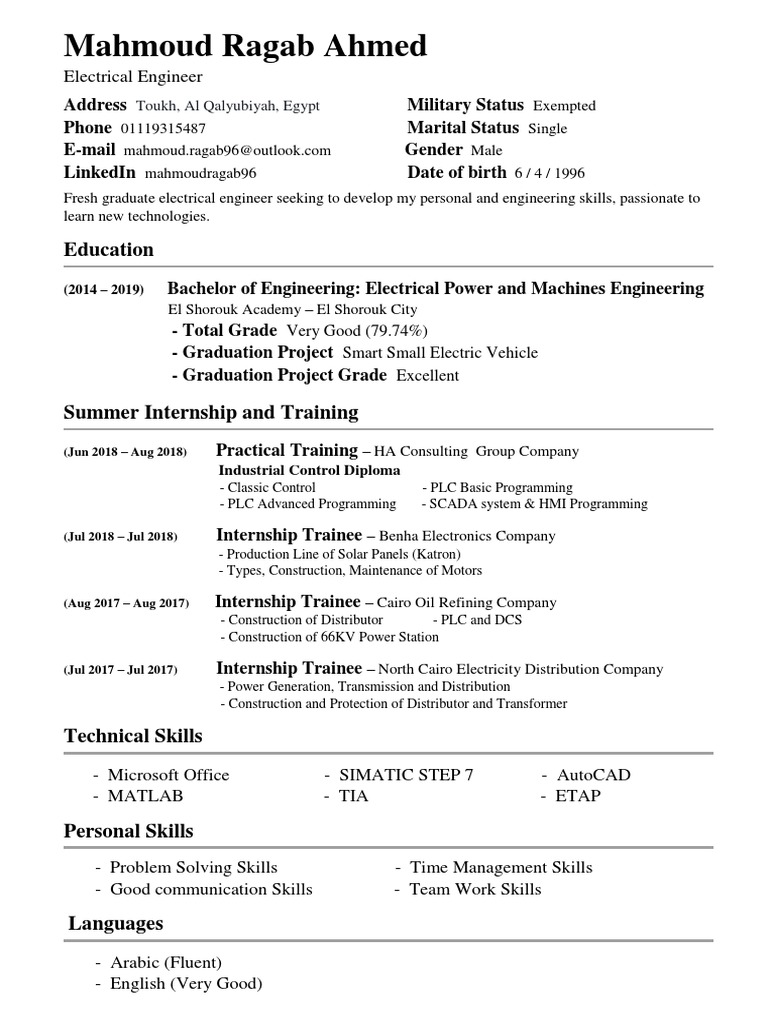 Fresh Graduate Electrical Engineer Profile | PDF