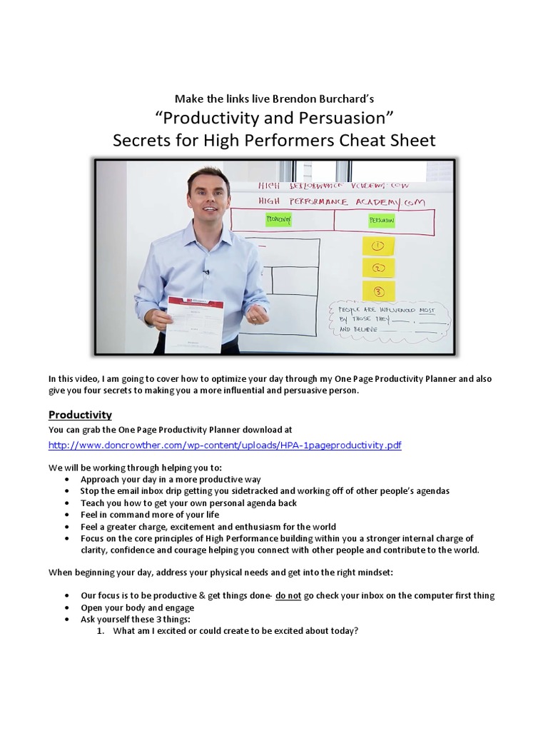 "Productivity and Persuasion" Secrets For High Performers Cheat Sheet ...