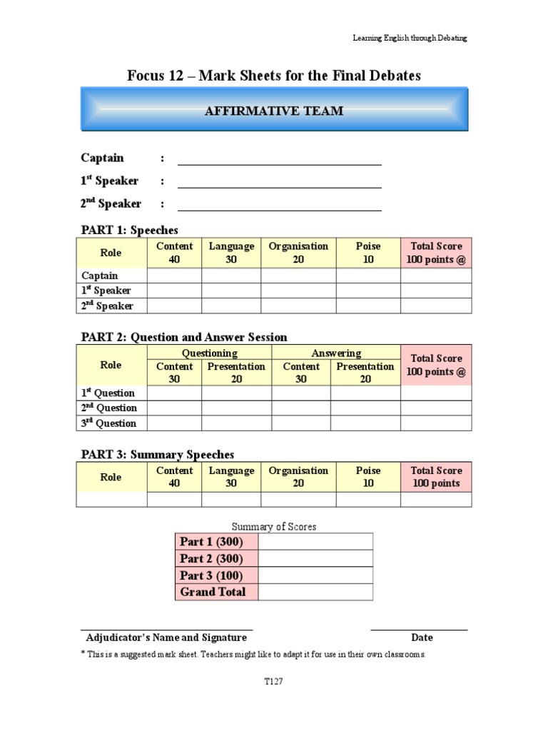 Mark Sheets For The Final Debates | PDF | Question | Cognition