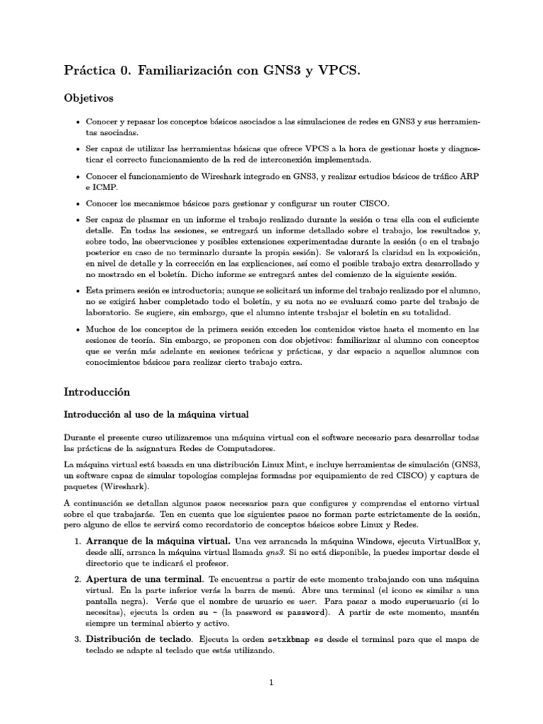 Práctica 0. Familiarización Con GNS3 y VPCS.: Objetivos | PDF | Dirección IP | Enrutador ...