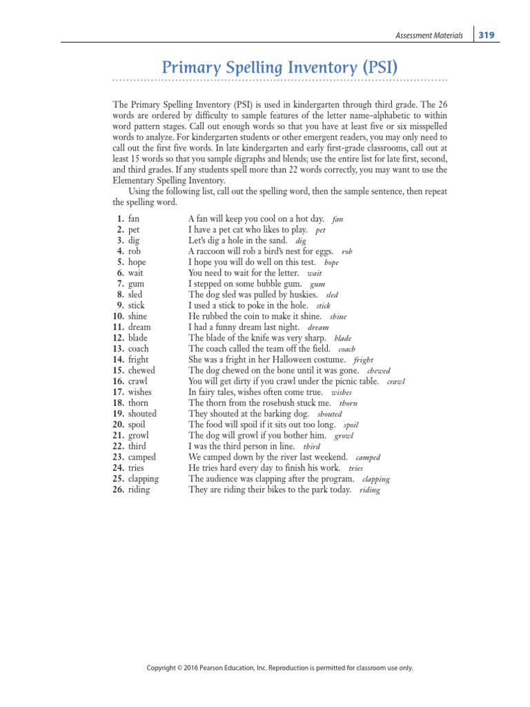 Primary Spelling Inventory (PSI) : Assessment Materials | PDF ...