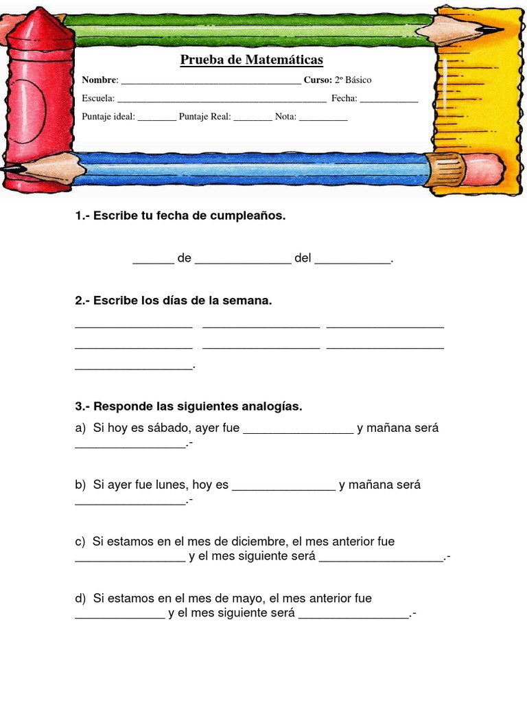 Evaluación de Dias de La Semana y Meses Del Año | PDF | Calendario