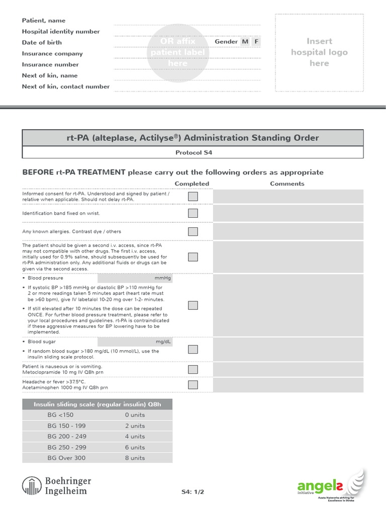 rt-PA (Alteplase, Actilyse) Administration Standing Order: OR Affix ...