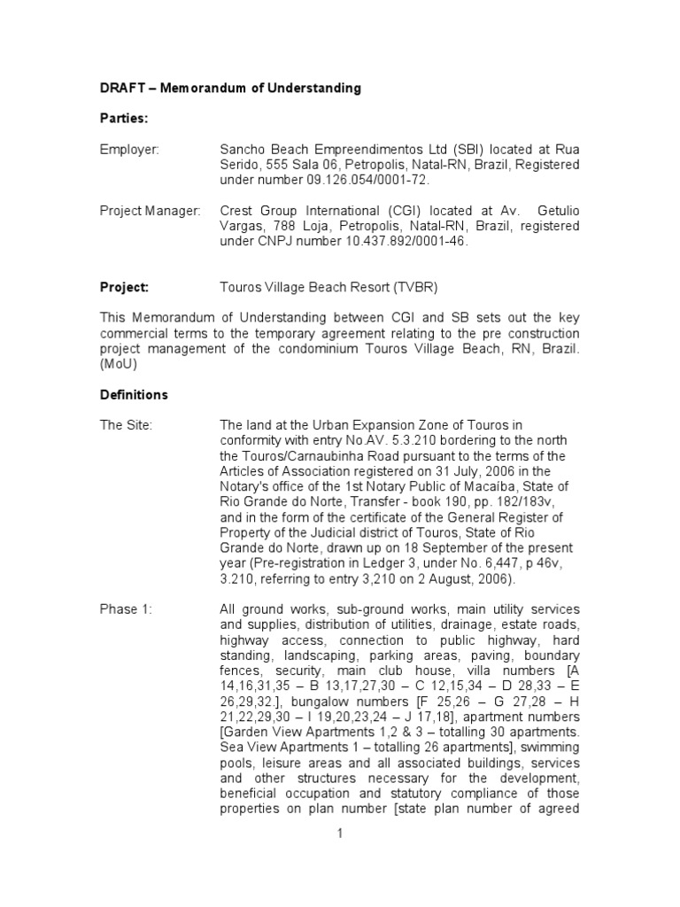 DRAFT MoU | Specification (Technical Standard) | General Contractor