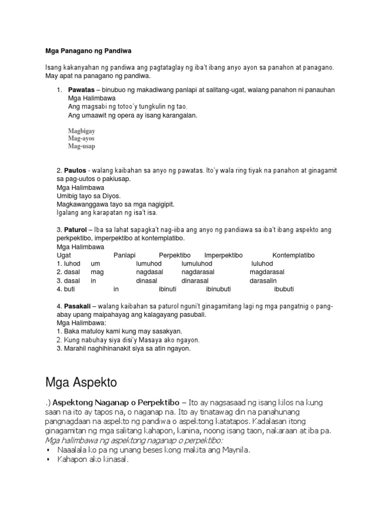 Mga Panagano Ng Pandiwa