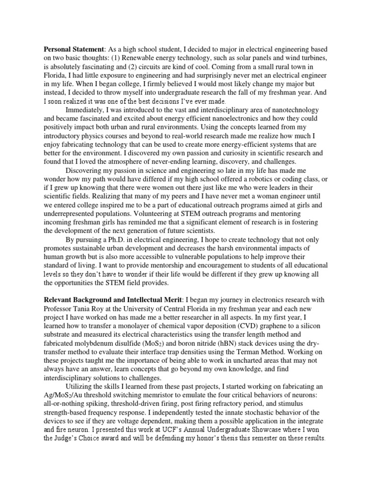 Personal Statement Draft | PDF | Mentorship | Science, Technology ...