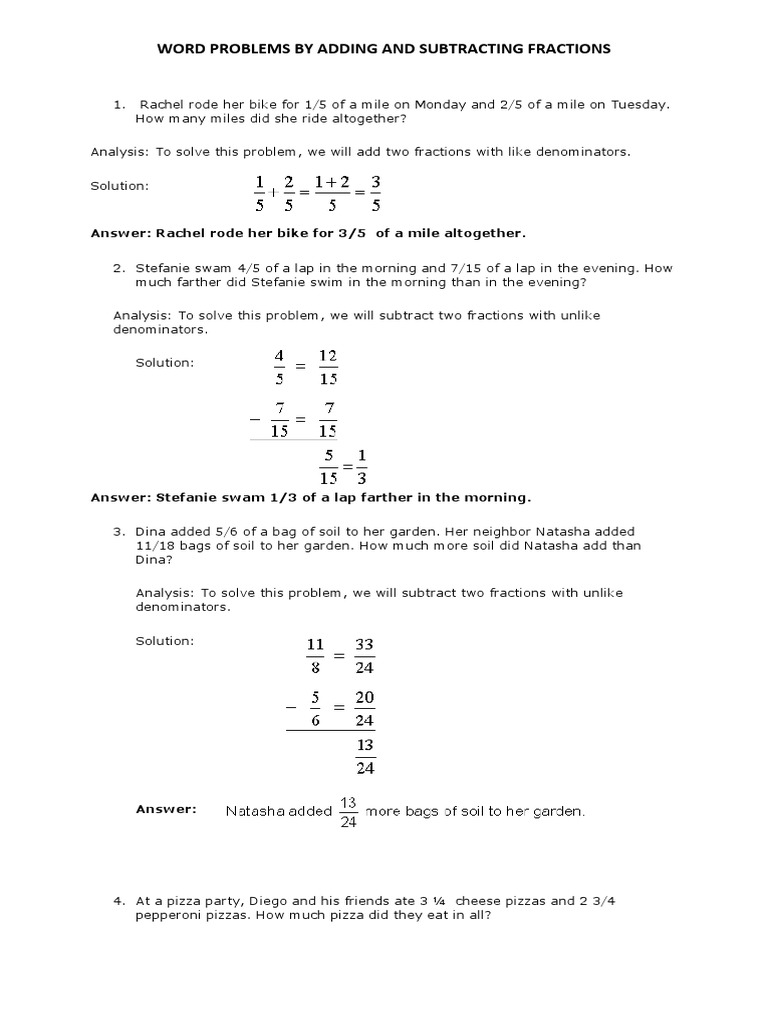 Word Problems by Adding and Subtracting Fractions | PDF | Fraction ...