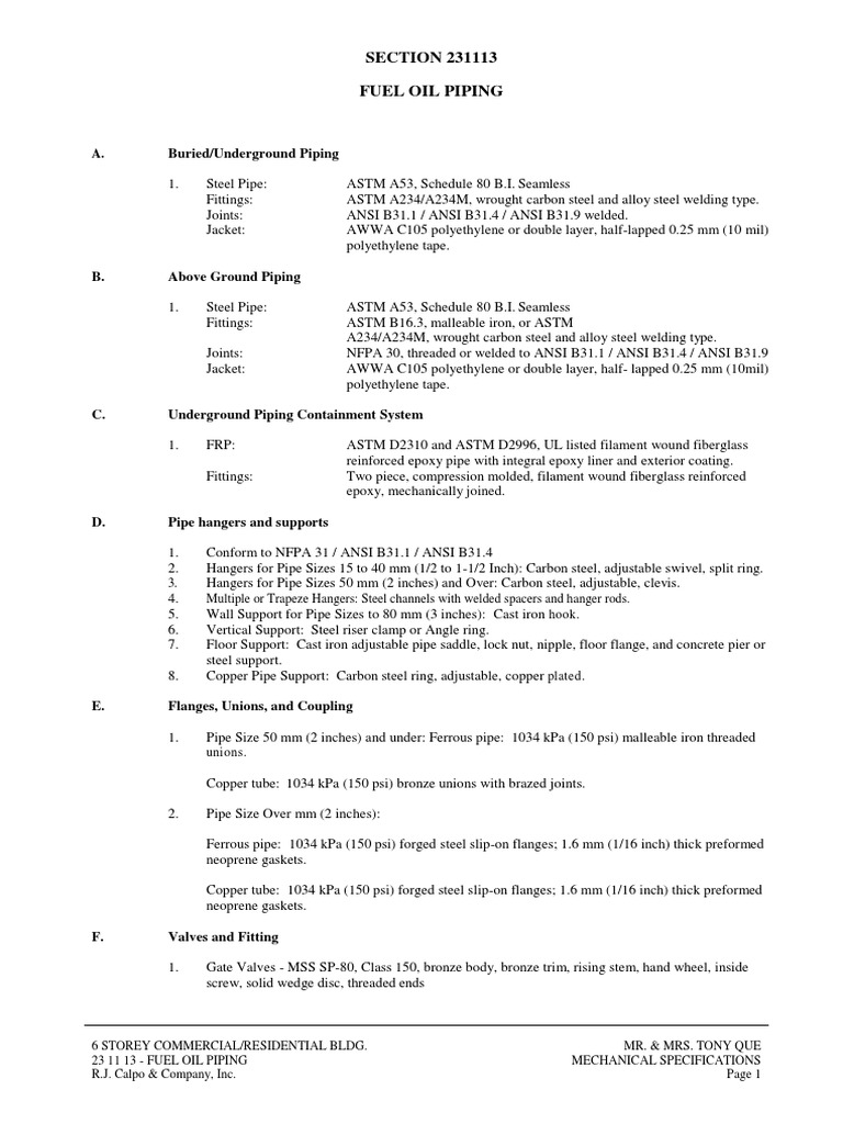 Fuel Oil Piping Specifications | PDF | Pipe (Fluid Conveyance) | Valve