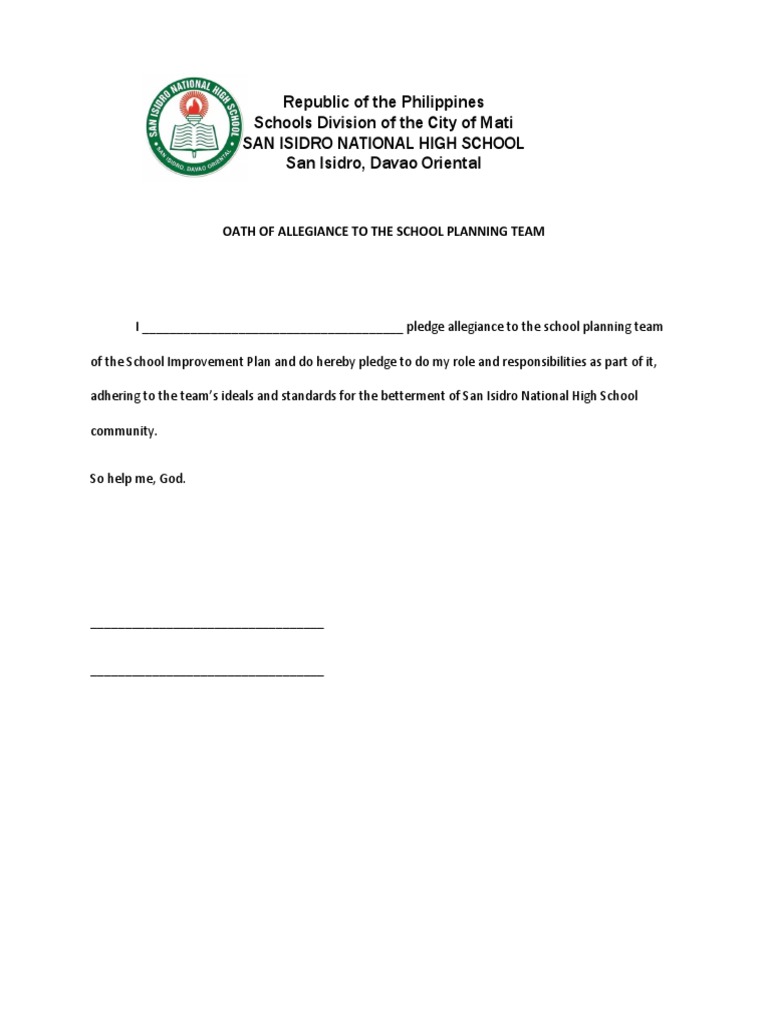 Oath of Allegiance for School Planning Team | PDF | Career & Growth