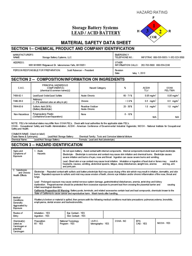MSDS Flooded Lead Acid | PDF | Lead | Fires