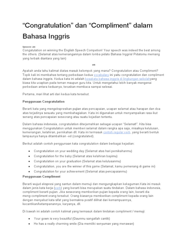 "Congratulation" Dan "Compliment" Dalam Bahasa Inggris | PDF