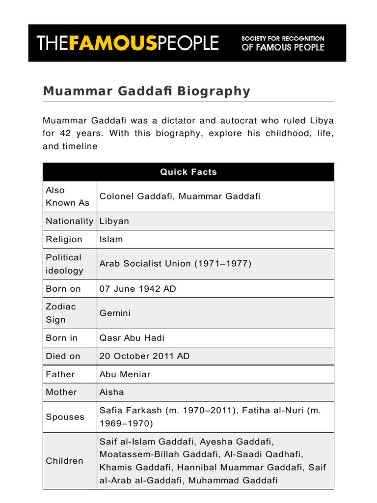 Muammar Gaddafi Biography: Quick Facts | Download Free PDF | Muammar ...
