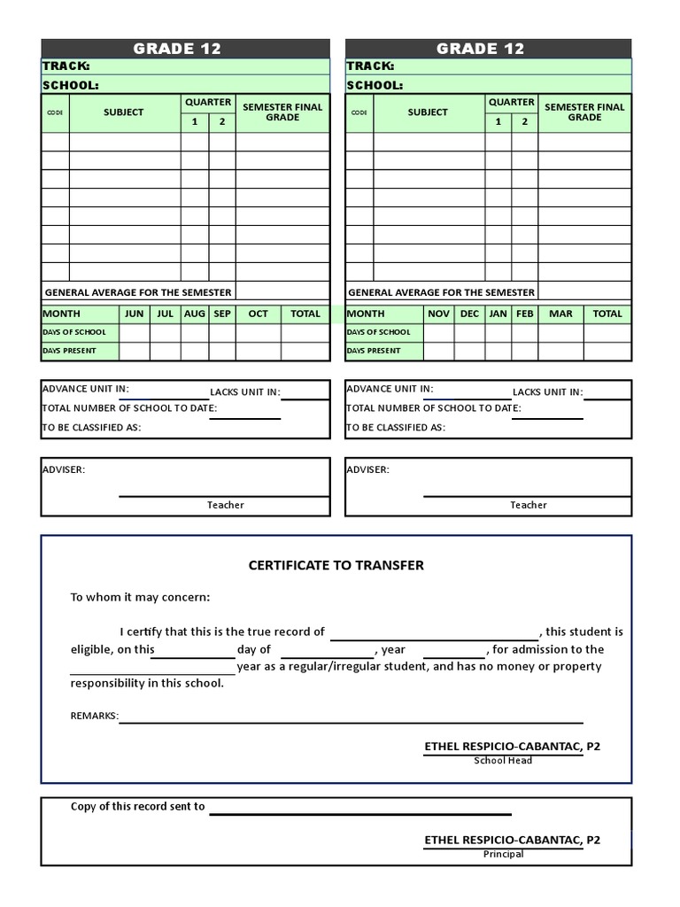 Grade 12 Grade 12: Certificate To Transfer | Download Free PDF | Middle ...
