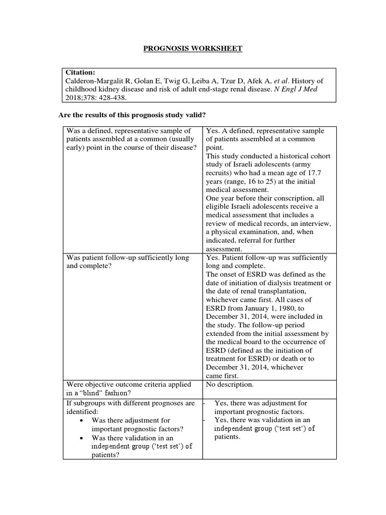 Prognosis Worksheet | PDF | Prognosis | Chronic Kidney Disease