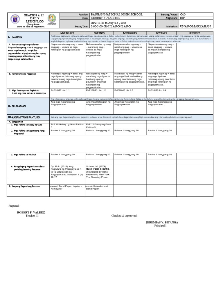 DLL 10 ESP Unang Markahan | PDF