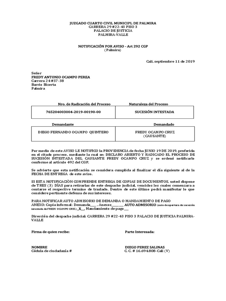 Modelo Notificacion Por Aviso ART 292 CGP | PDF | Gobierno Modelo Notificacion Por Aviso ART 292 CGP | PDF | Gobierno