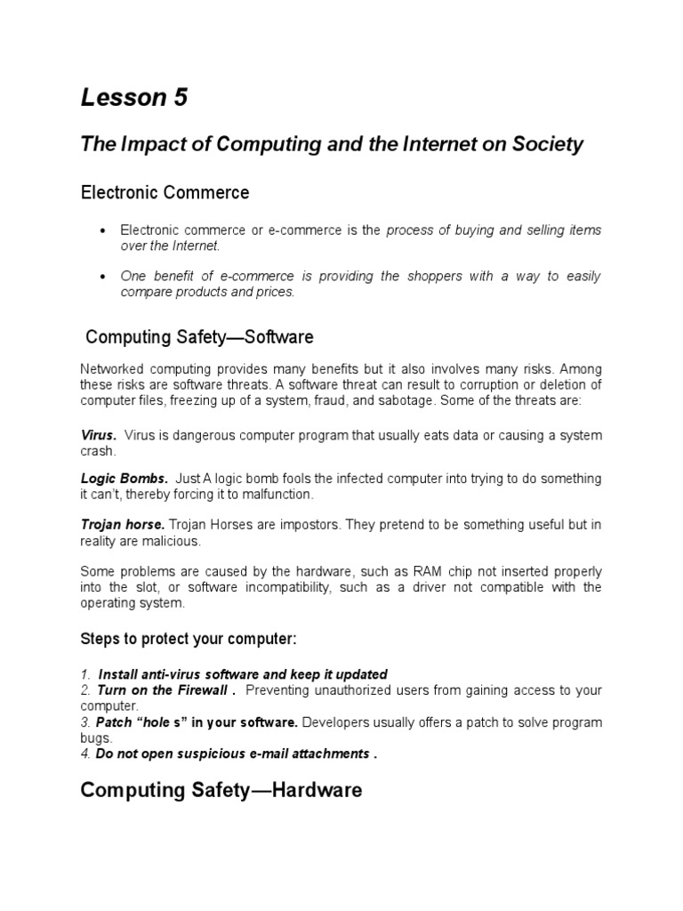 Lesson 5: The Impact of Computing and The Internet On Society | PDF ...
