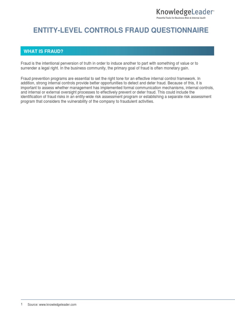 Entity-Level Controls Fraud Questionnaire | Internal Control | Internal ...