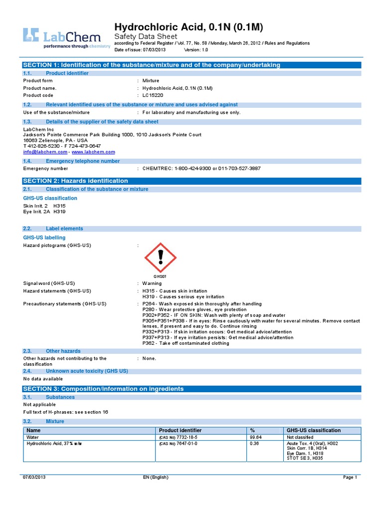 Hydrochloric Acid, 0.1N (0.1M) : Safety Data Sheet | PDF | Toxicity ...
