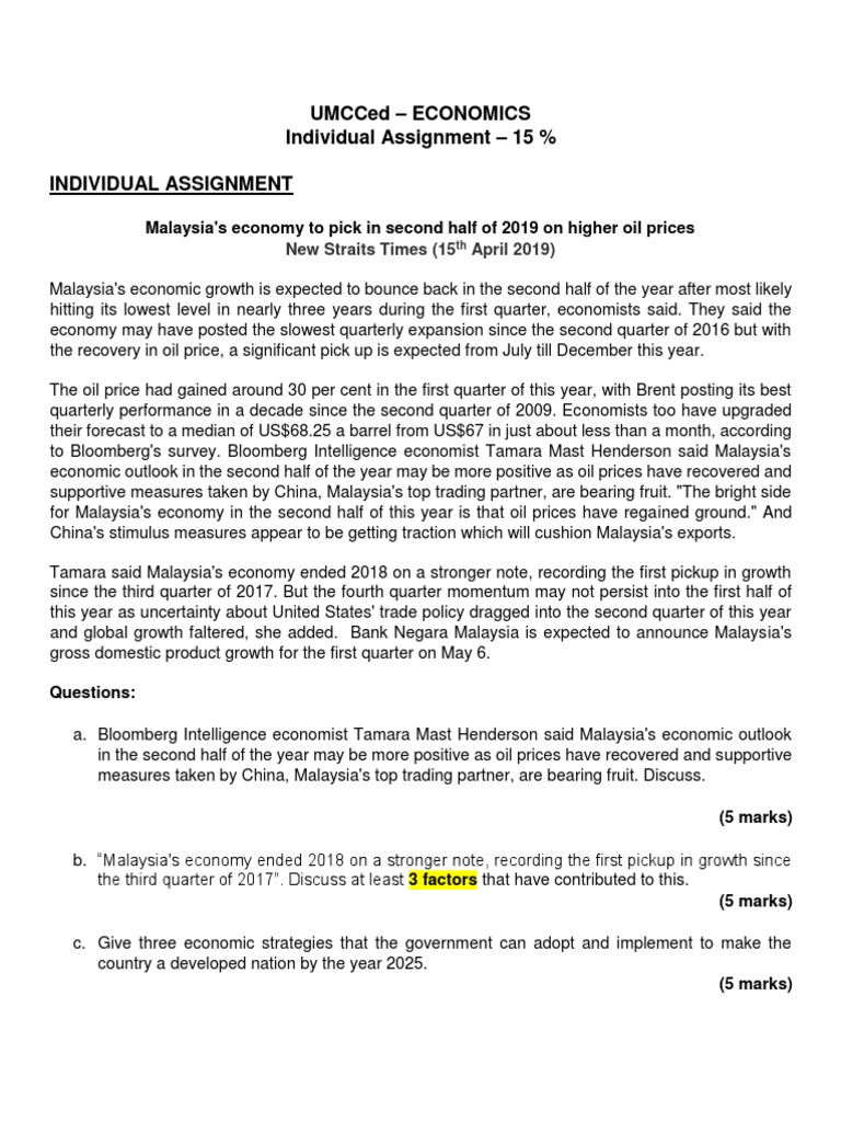 Umcced - Economics Individual Assignment - 15 % Individual Assignment ...