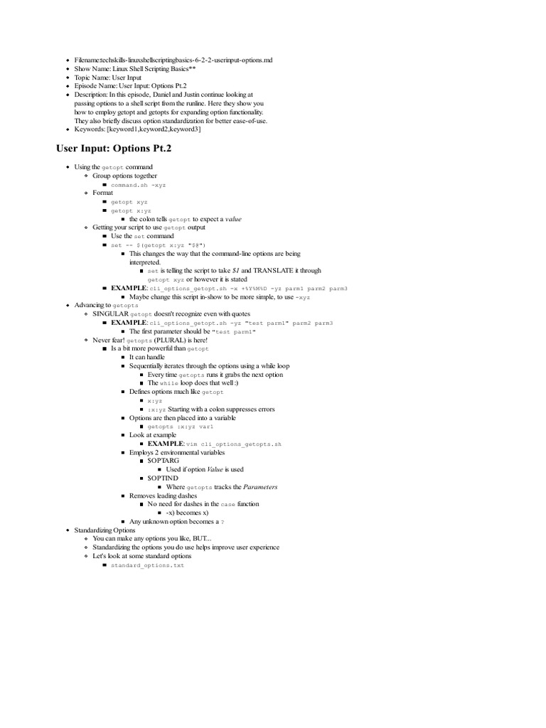 Techskills Linuxshellscriptingbasics 6 2 2 Userinput Options Pdf Command Line Interface