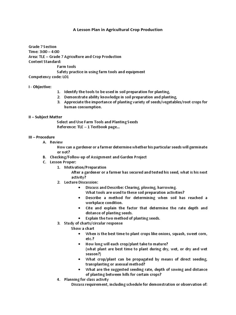 A Lesson Plan in Agricultural Crop Production - ABF | PDF | Sowing | Seed