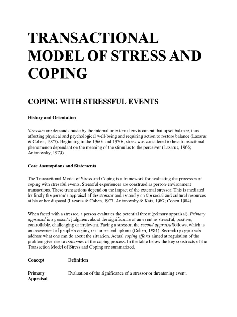 Transactional Model Of Stress And Coping Coping With Stressful Events Pdf Coping