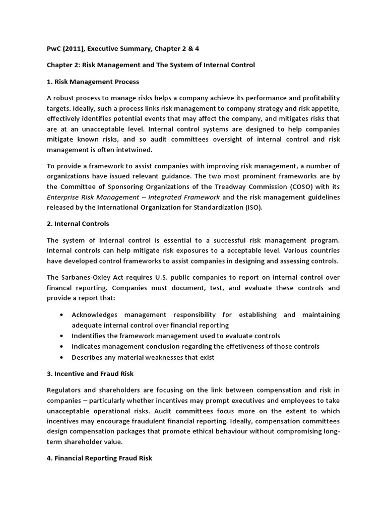 PWC (2011), Executive Summary, Chapter 2 & 4 Chapter 2: Risk Management ...