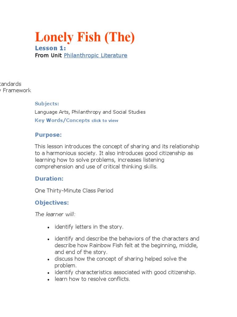 Lonely Fish (The) : Kindergarten-2nd Grade | PDF | Concept | Learning