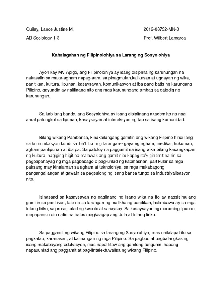 Kahalagahan NG Filipinolohiya Sa Larang NG Sosyolohiya | PDF