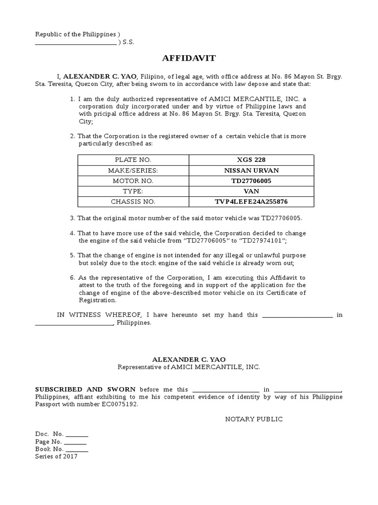 Affidavit of Change of Engine | PDF