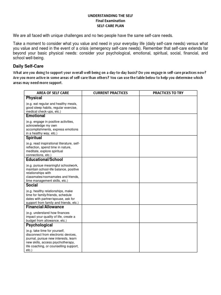Self-Care Plan Creation Guide | PDF | Action (Philosophy) | Health Care