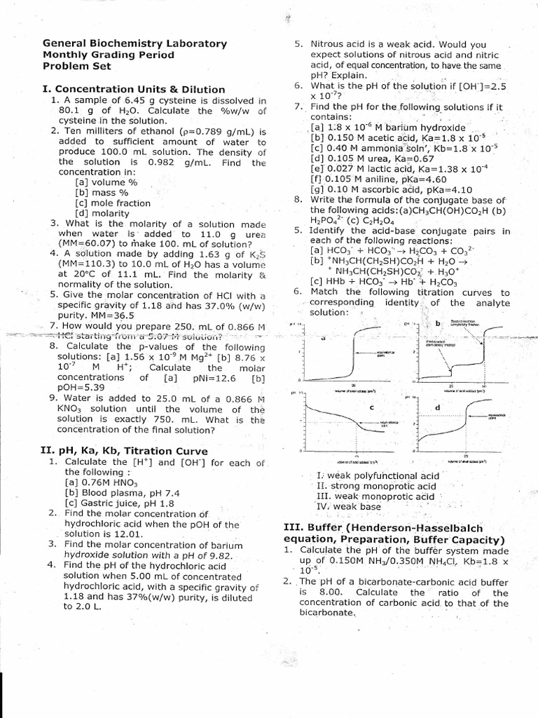 Biochem Problem Set For The First Shifting | PDF | Buffer Solution | Ph Biochem Problem Set For The First Shifting | PDF | Buffer Solution | Ph
