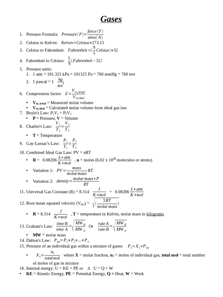 Chemistry Formula Sheet Overview | PDF | Reaction Rate | Gases