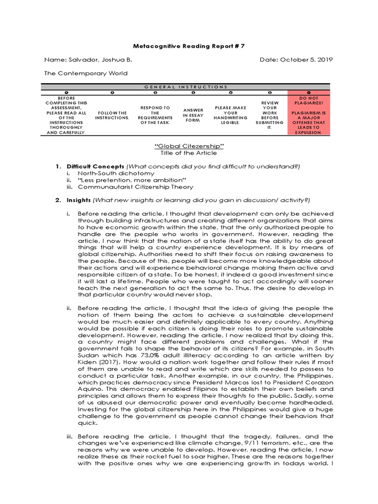 Metacognitive Reading Report # 7: General Instructions | PDF | Corazon ...