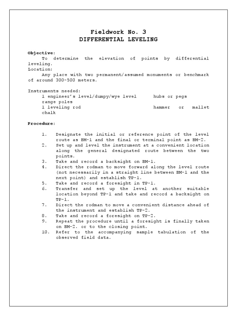 Fieldwork No. 3 Differential Leveling: Objective | PDF | Accuracy And Precision | Scientific Method