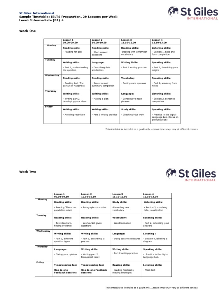 Sample Timetable: IELTS Preparation, 20 Lessons Per Week Level ...