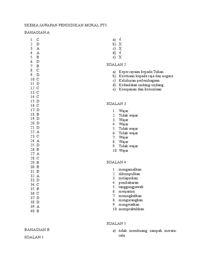 Skema Jawapan Pendidikan Moral Pt3 | PDF