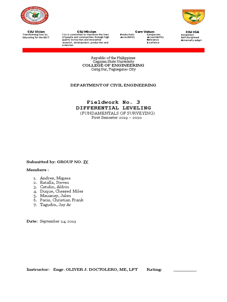 Fieldwork No. 3 Differential Leveling: (Fundamentals of Surveying) | PDF
