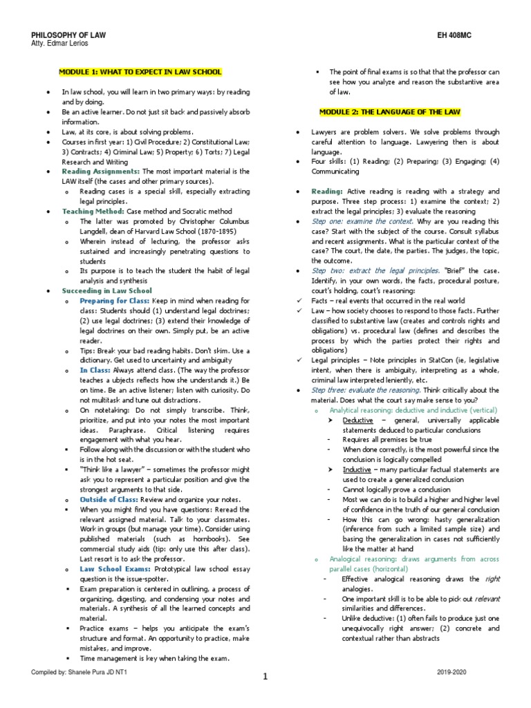 Module 1: What To Expect in Law School: Reading Assignments: Reading ...