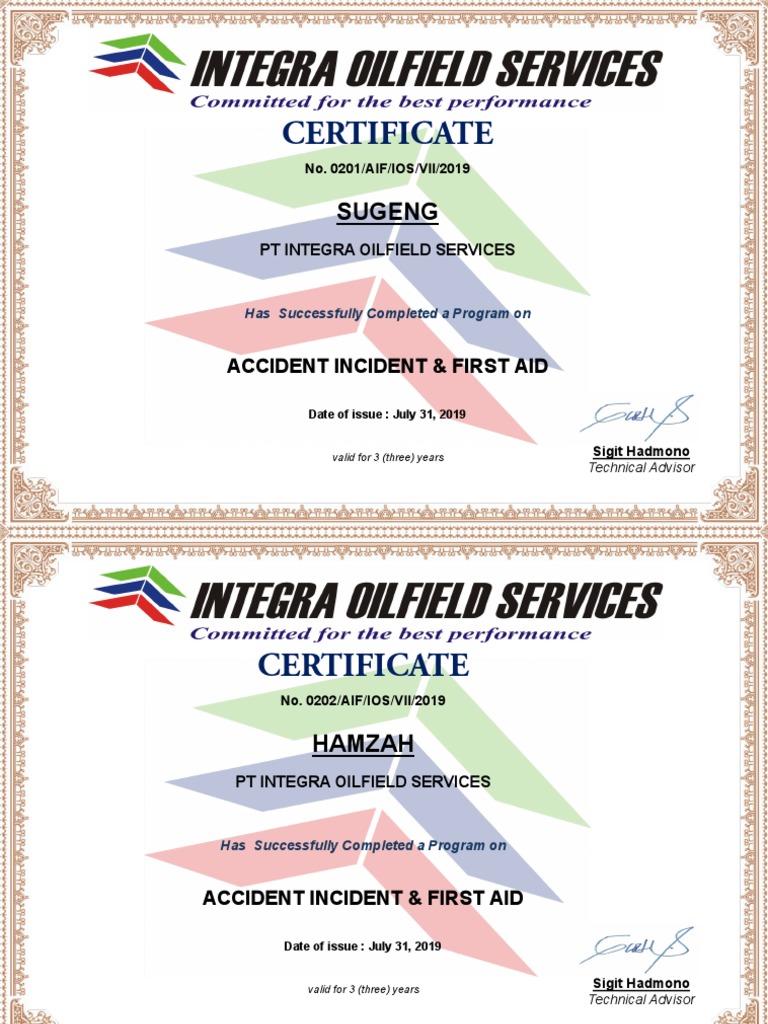 Completion Certificates for Accident Incident and First Aid Training ...