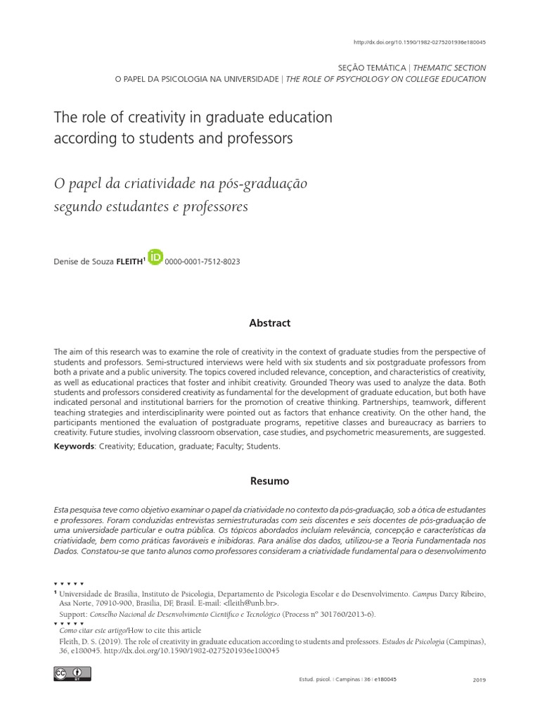Role of Creativity in Graduate Education According To Students and Professors | Download Free ...