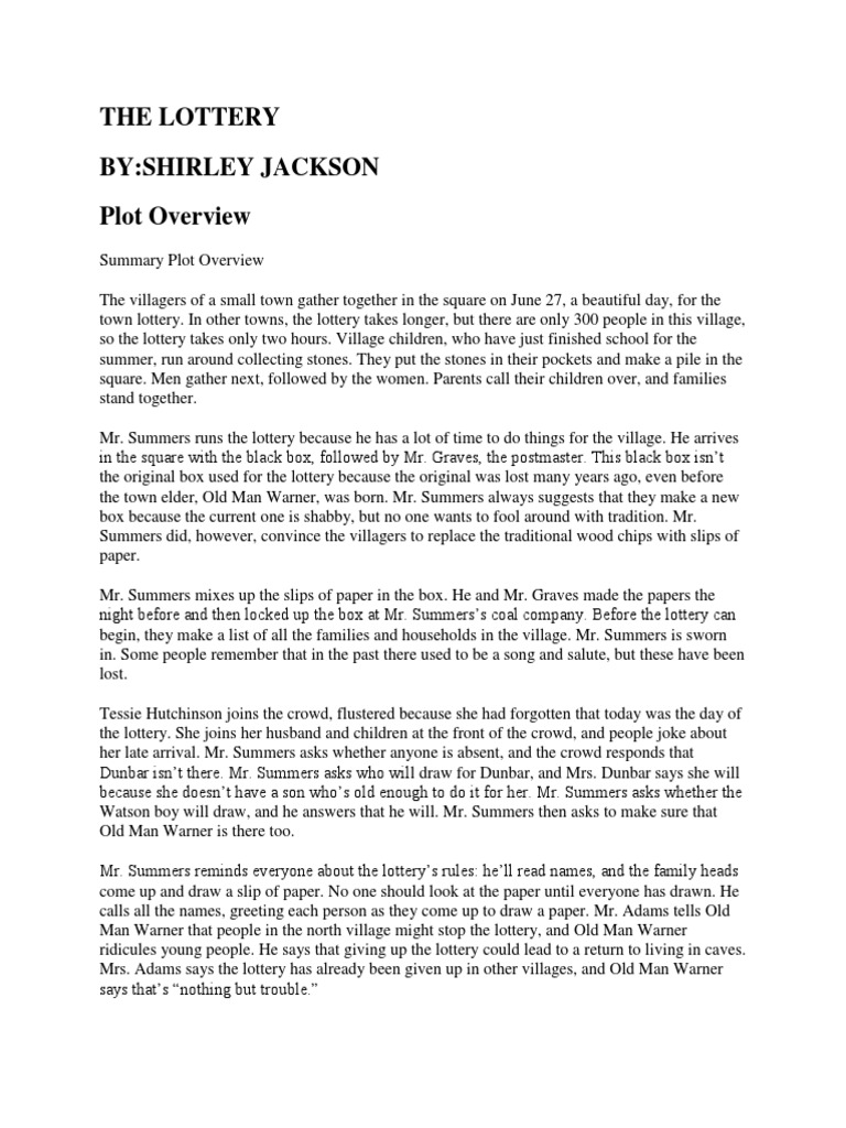 The Lottery By:Shirley Jackson Plot Overview | PDF