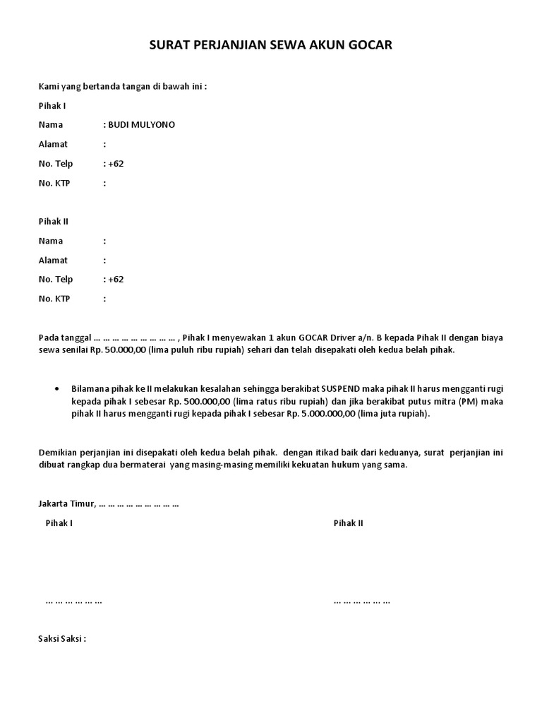 Surat Perjanjian Sewa Akun Gocar | PDF